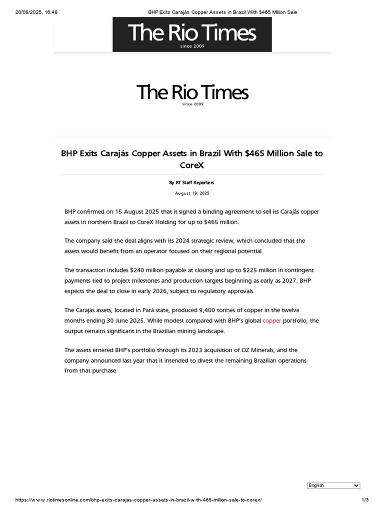 BHP Exits Carajás Copper Assets in Brazil With $465 Million Sale | PDF ...