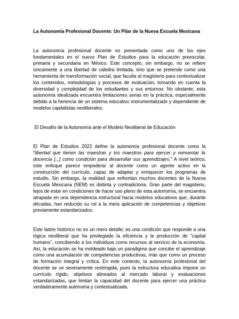 Autonomía Profesional en la Nueva Escuela Mexicana | PDF | Plan de ...