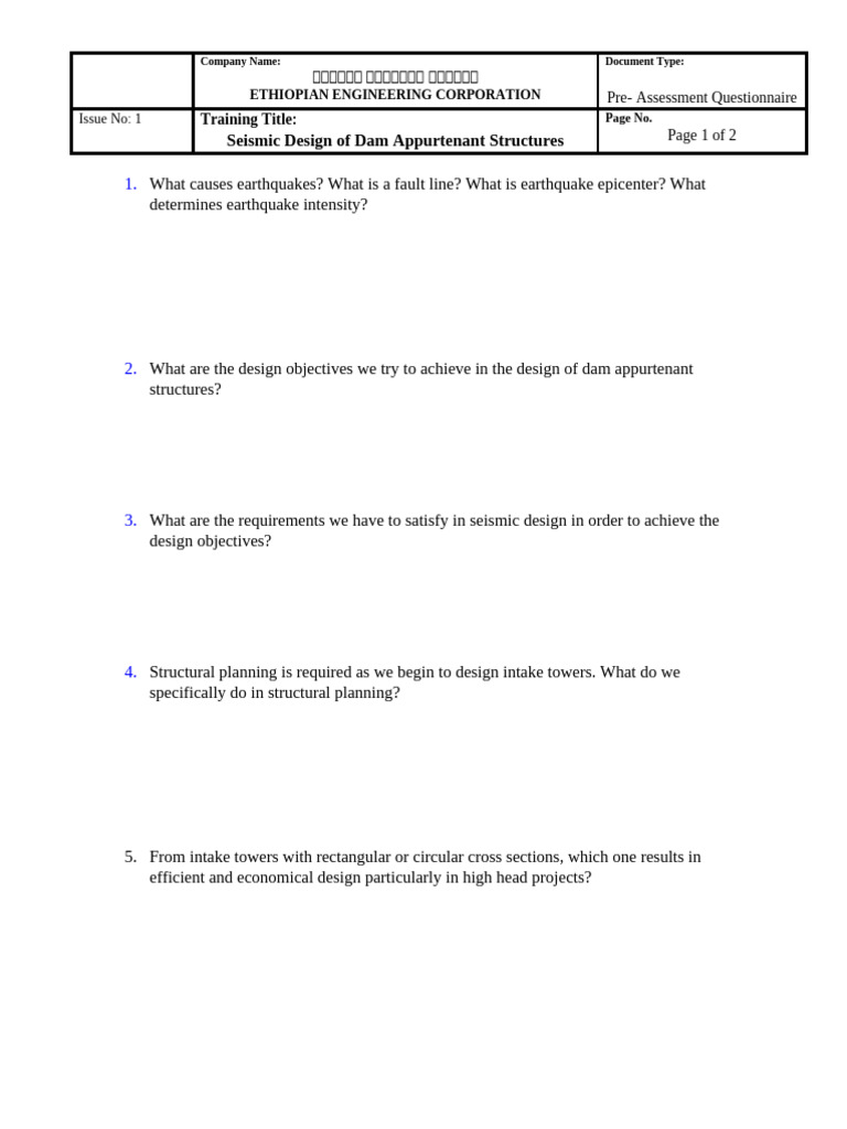 Pre Assessment QuestionnaireQuestion | PDF
