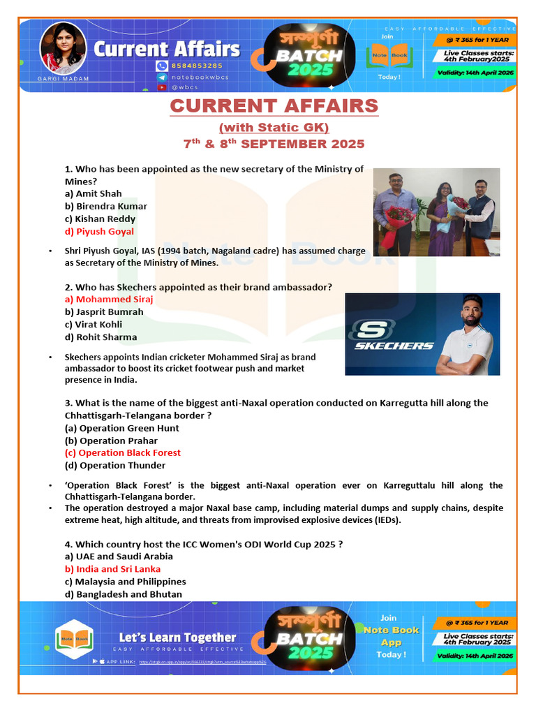 CA - 7 & 8 SEPTEMBER - 2025 - (With Static GK) Note Book | PDF | Strait ...