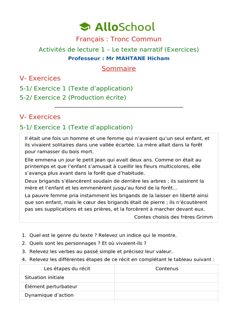 Activites de Lecture 1 Le Texte Narratif Exercices | PDF