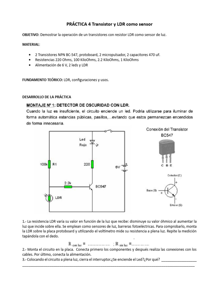 Práctica 4 - Transistor y LDR Como Sensor | PDF | Transistor | Resistor