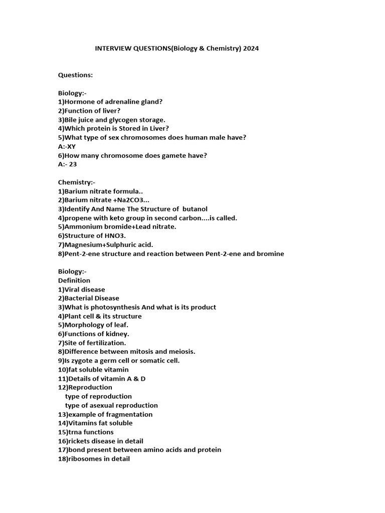 2024 Biology & Chemistry Interview Questions | PDF | Ribosome | Cell ...
