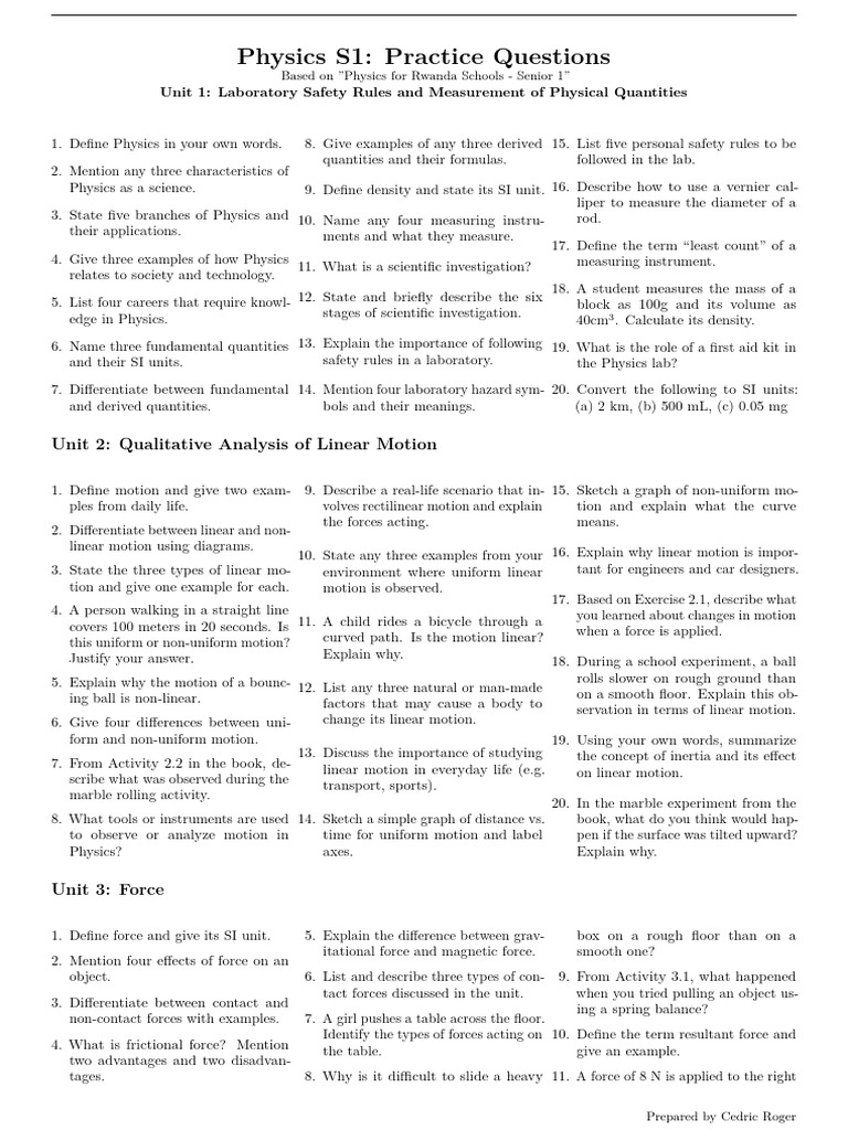 s1 Physics Exercises | PDF | Force | Heat
