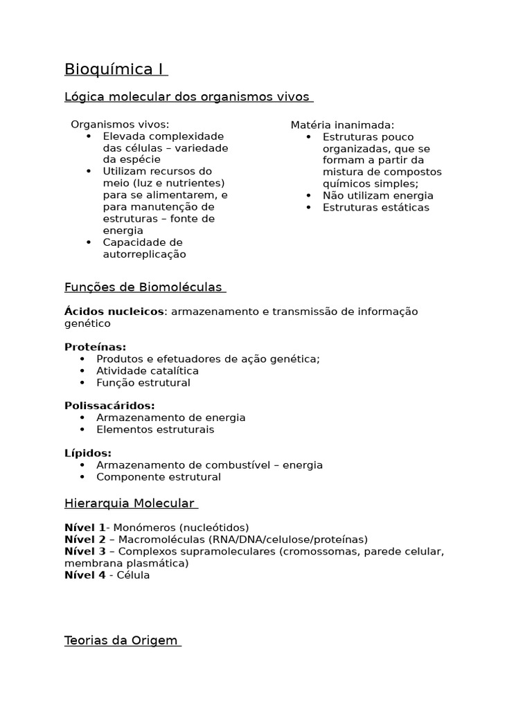 Bioquimica I - resumo 1 | PDF | Vida | Abiogênese