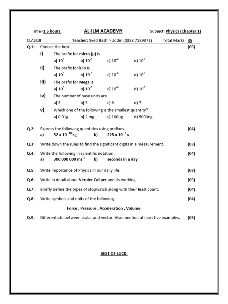 Class 9 Physics Chapter 1 (2025) | PDF