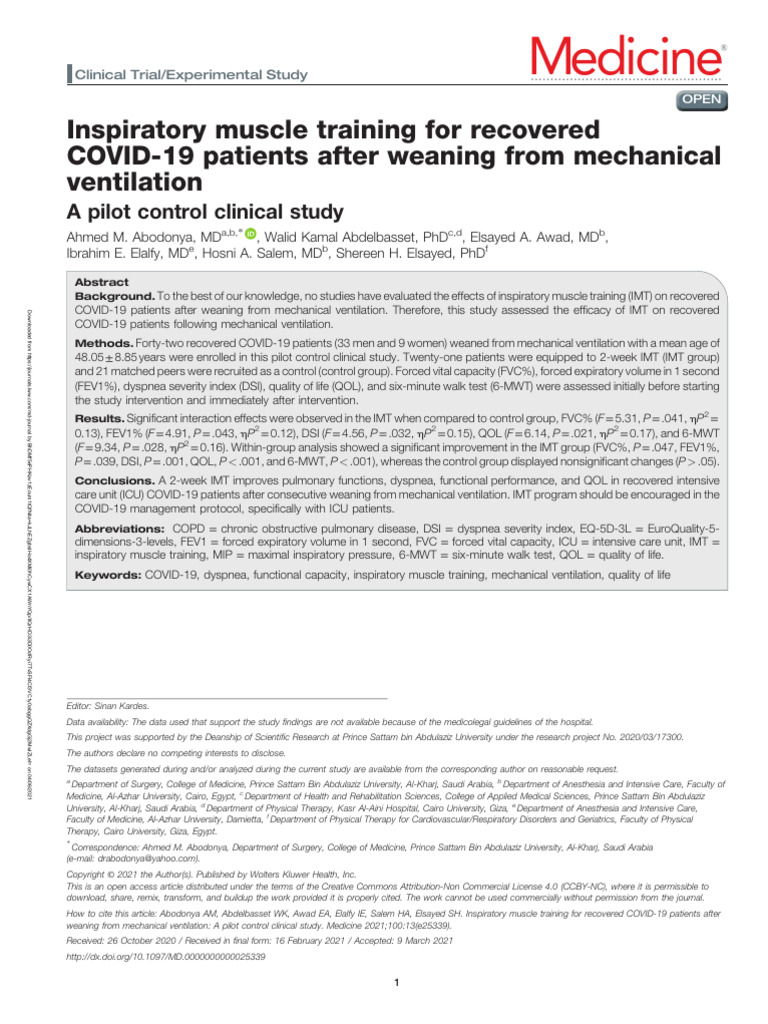 Inspiratory Muscle Training For Recovered COVID 19.67 | PDF | Intensive ...