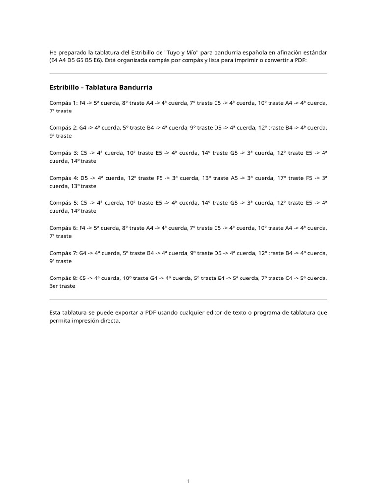 Tablatura Estribillo "Tuyo y Mío" Bandurria | PDF