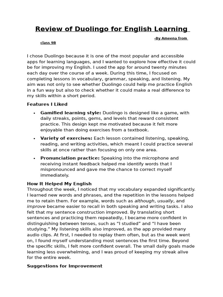 Review of Duolingo For English Learning - Ameena - 9B | PDF | English ...