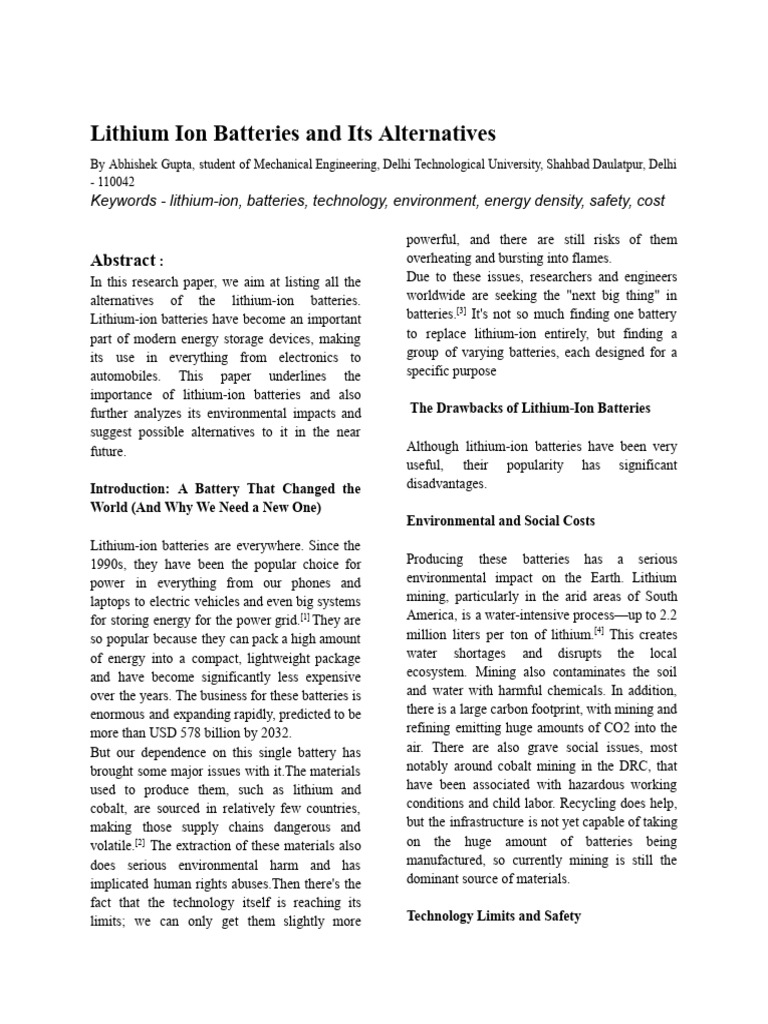 Alternatives to Lithium-Ion Batteries | PDF | Lithium Ion Battery ...