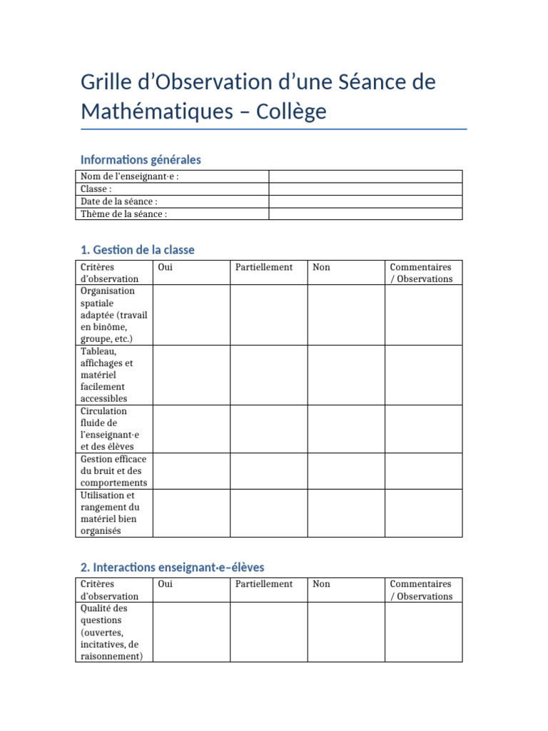 Grille d'Observation Mathématiques Collège | PDF | Mathématiques ...