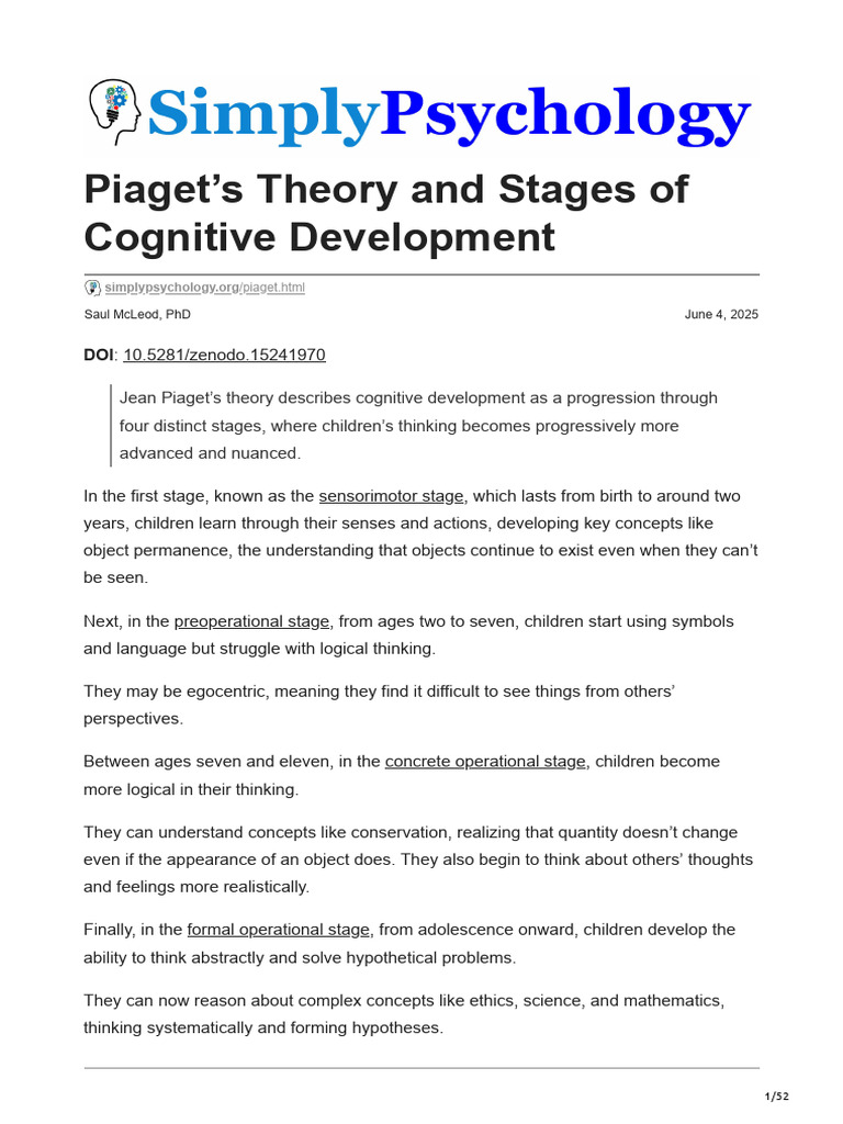 Piagets Theory and Stages of Cognitive Development | PDF | Schema ...