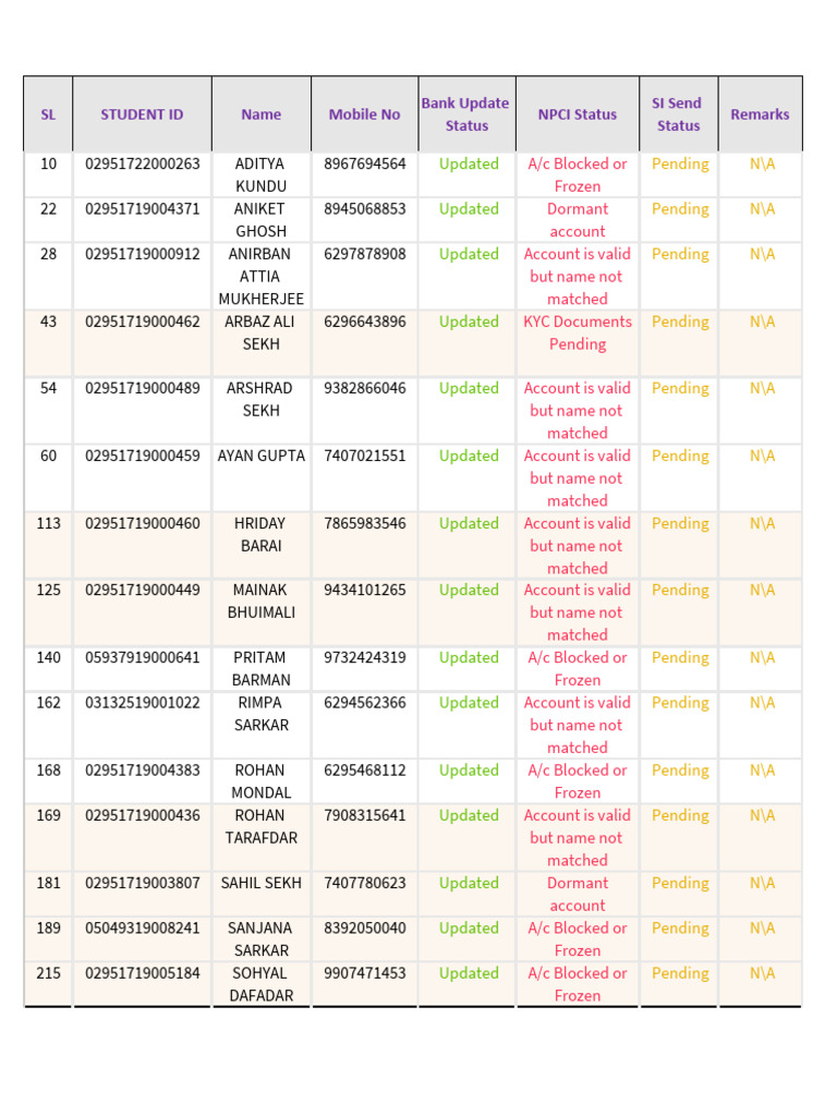 Student Bank Account Status Updates | PDF