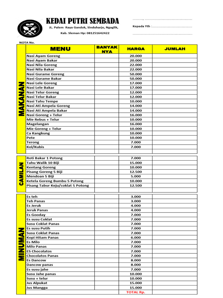Menu Kedai Putri Sembada | PDF