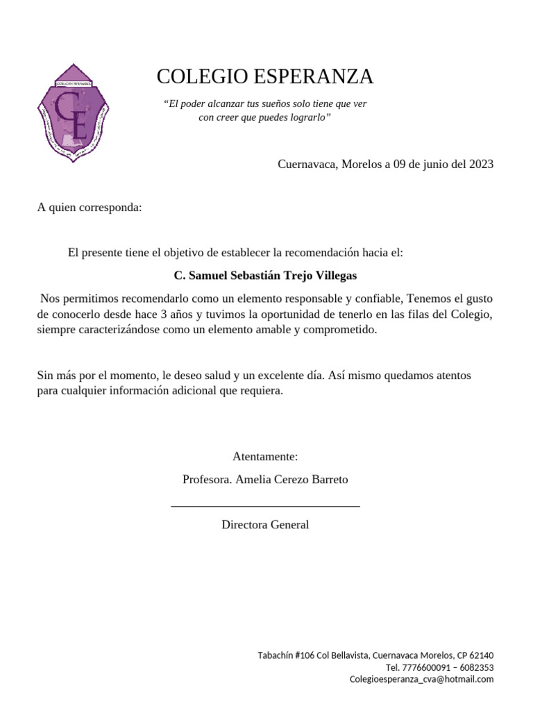 Recomendación para Samuel Trejo Villegas | PDF