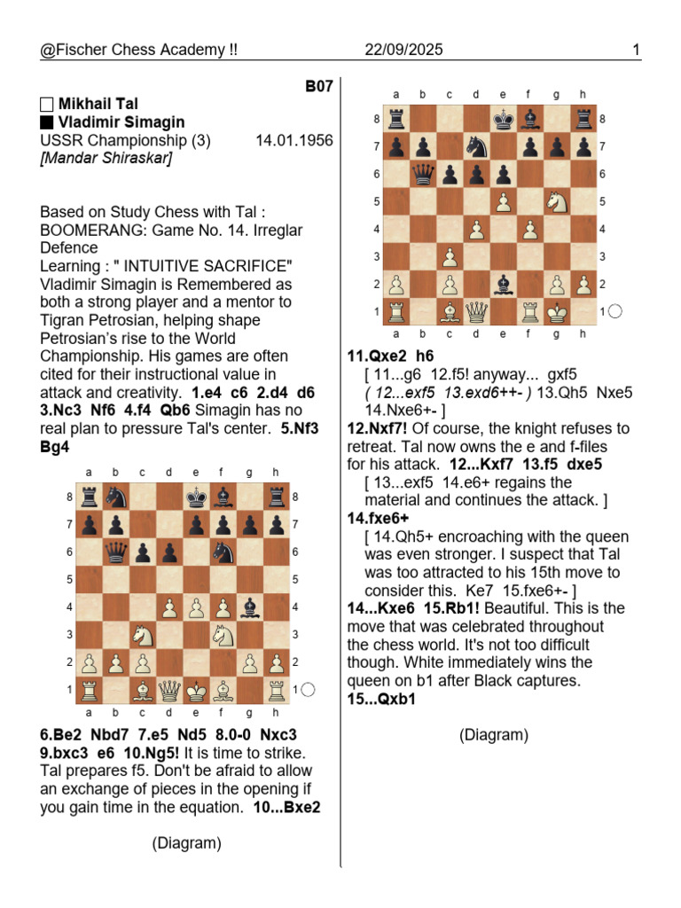 Mikhail Tal Vs Vladimir Simagin 1956 10 B07 BoomRang Intuitie Sacrifice ...