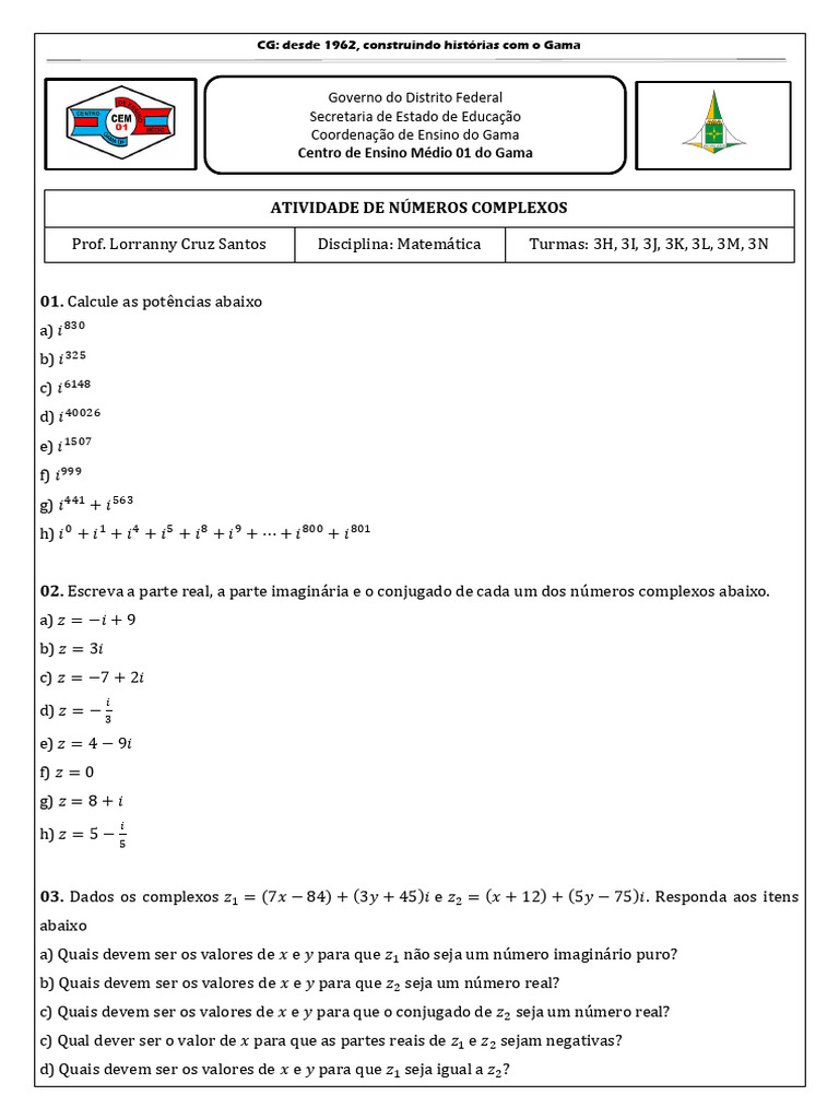 Atividade de Números Complexos | PDF