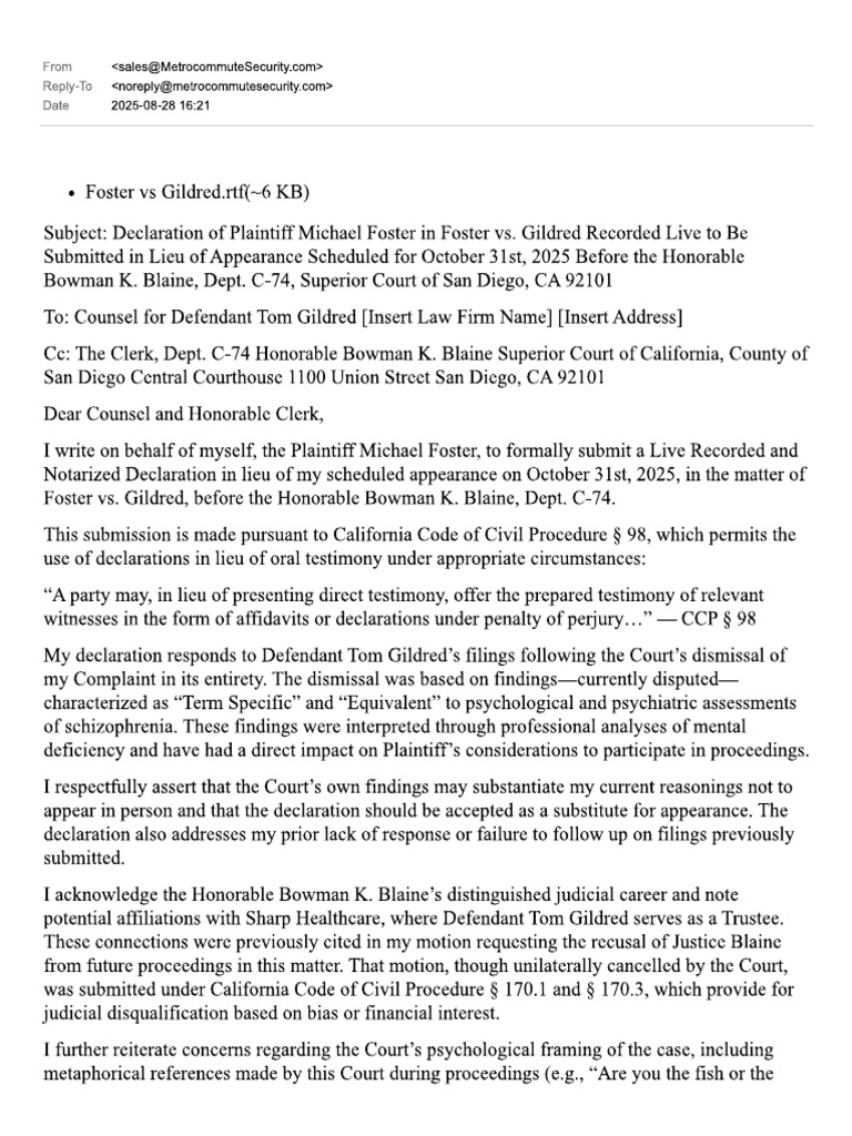 Declaration Letter in Lieu of Apearance Judge Bowman K Blaine | PDF