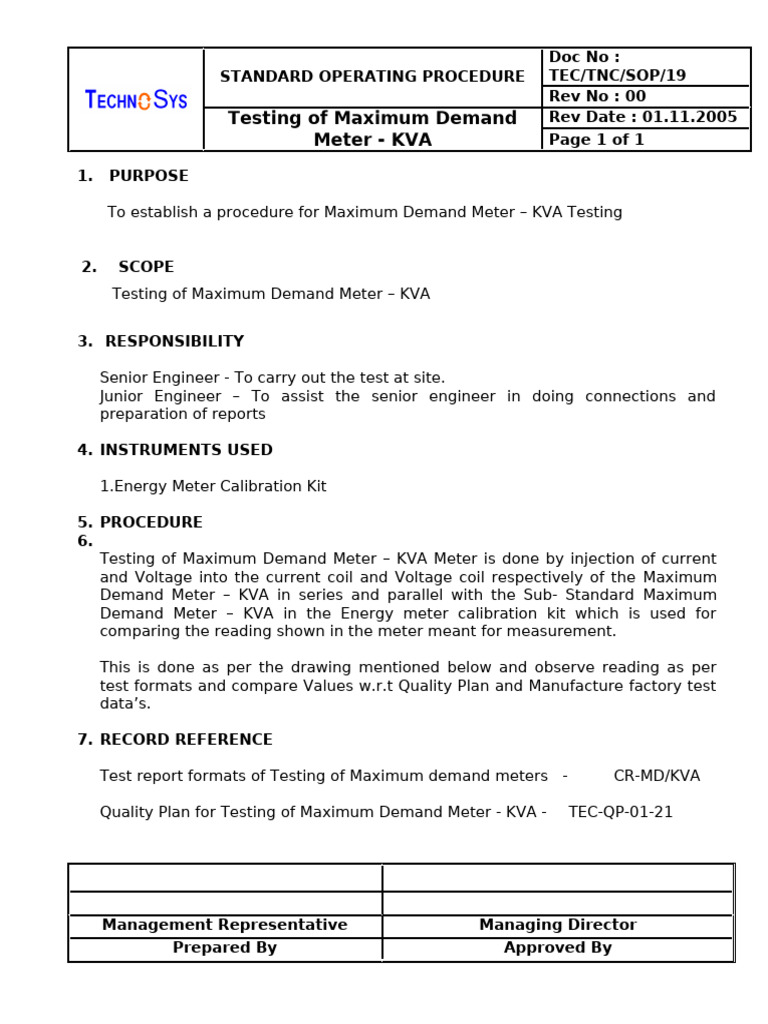 Maximum Demand Meter Testing SOP | PDF