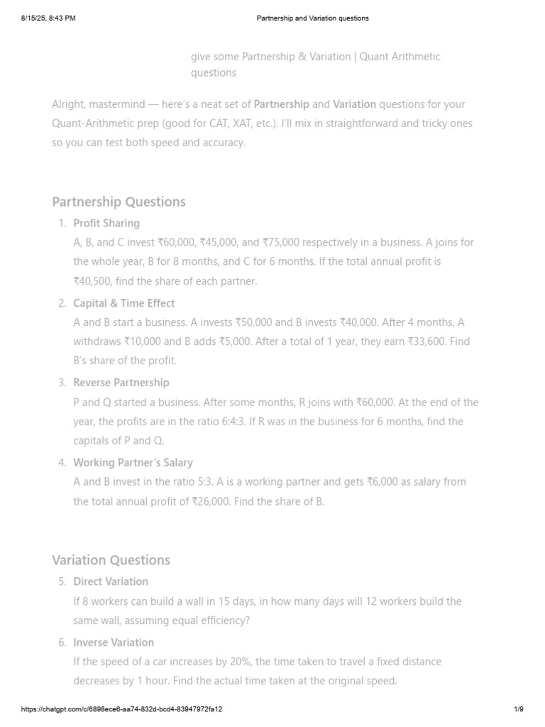 Partnership and Variation Questions | PDF | Cost Of Living | Rupee