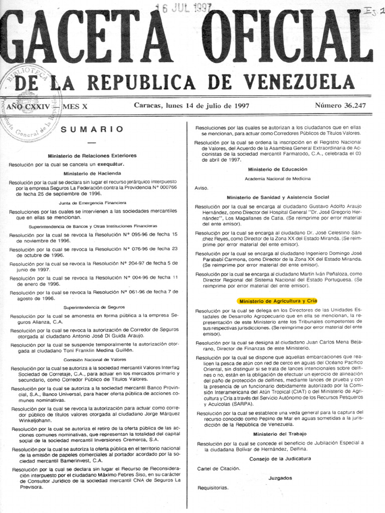 GACETA OFICIAL #36.247 DEL 14 07 1997. VEDA PEPINO DE MAR. Pg. 29 | PDF