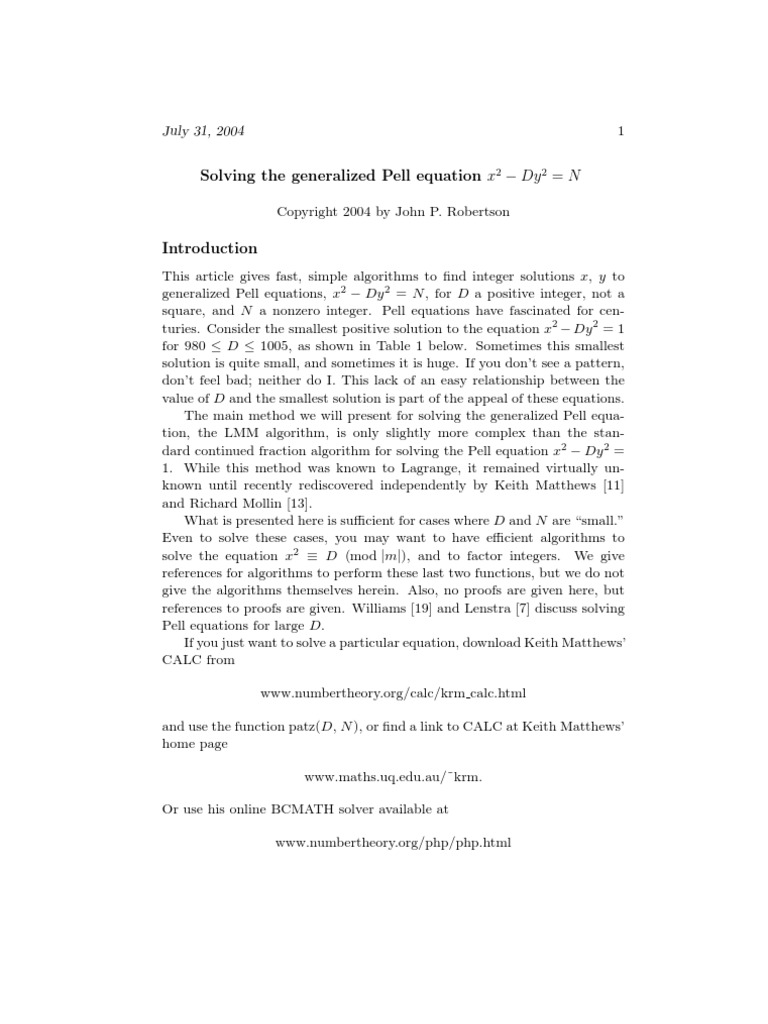 Solving The Generalized Pell Equation | PDF | Number Theory | Factorization