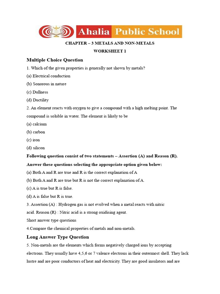 Metals vs Non-Metals Worksheet | PDF