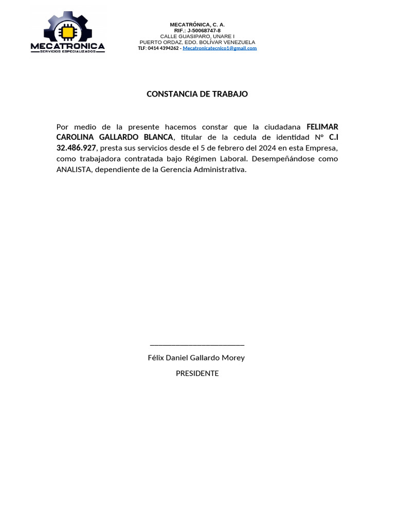 Constancia de Trabajo: Felimar Gallardo | PDF