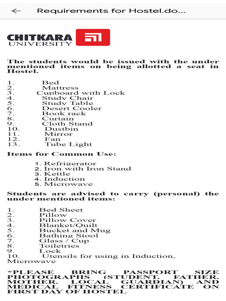 Hostel Item Requirements for Students | PDF