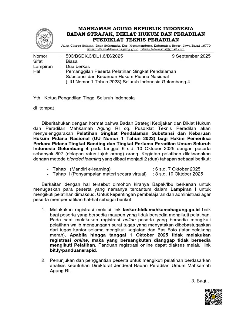 503-BSDK.3-Surat Pemanggilan Peserta Gel 4 KUHP Nasional | PDF