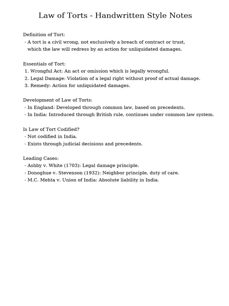 Handwritten Notes on Law of Torts | PDF