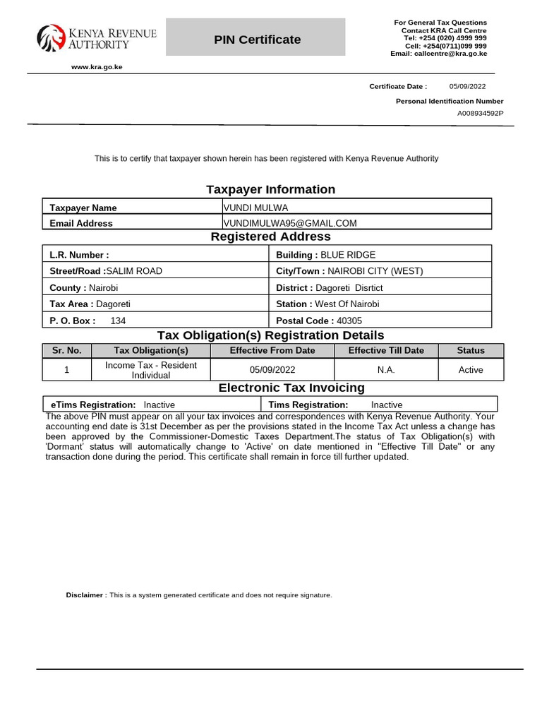 PIN Certificate (44) (2) | PDF | Taxes | Taxation