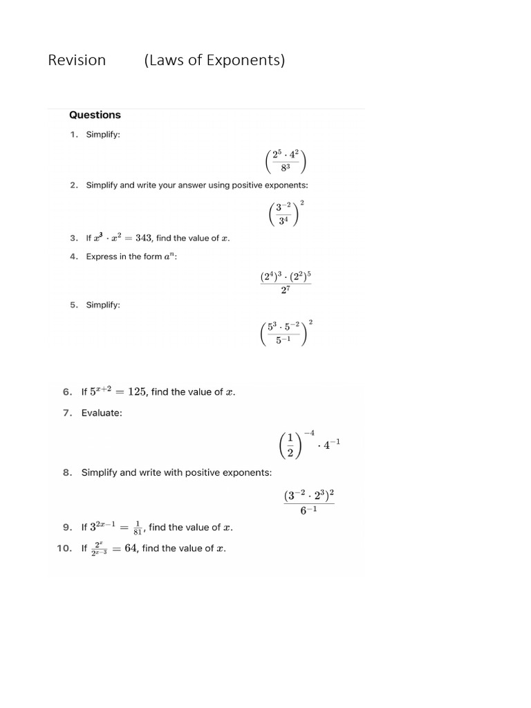 Revision (Laws of Exponents) | PDF