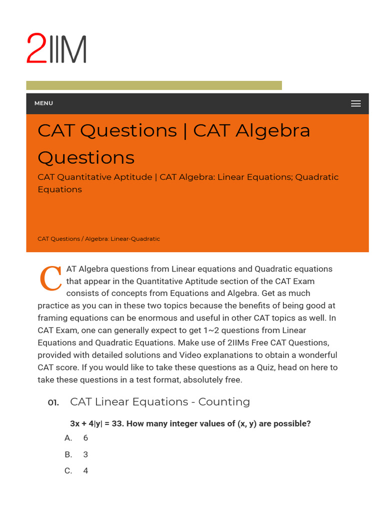 Iim Cat Questions Answers 2iim Com Quant Algebra Linear Quadratic ...