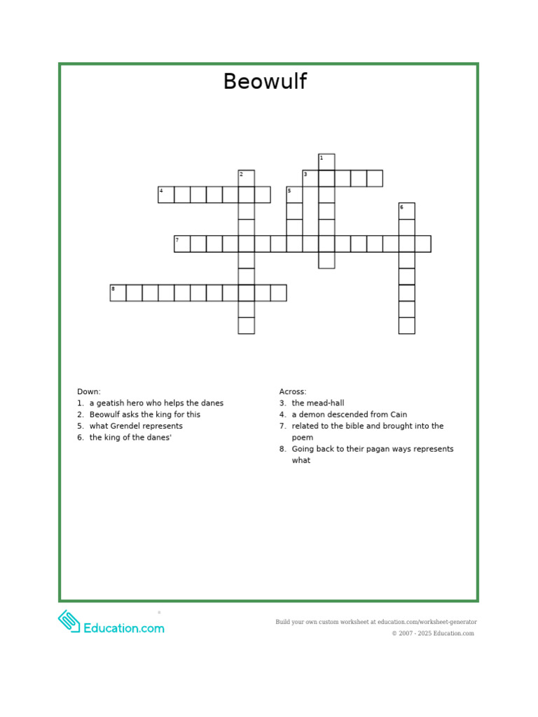 Beowulf Crossword Puzzle Worksheet | PDF