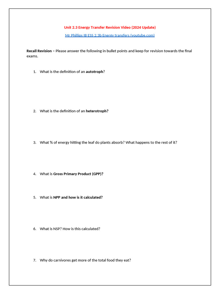 ESS 2.3 Revision Video Questions 2024 | PDF