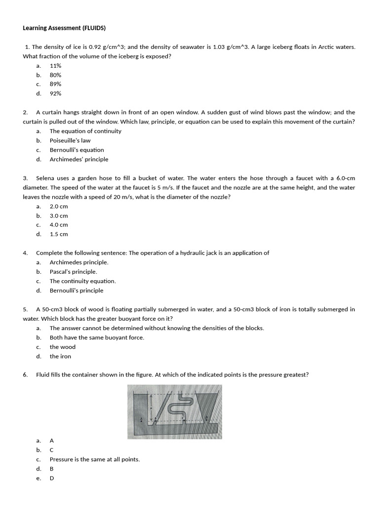 Fluid Mechanics Learning Assessment | PDF | Density | Pressure
