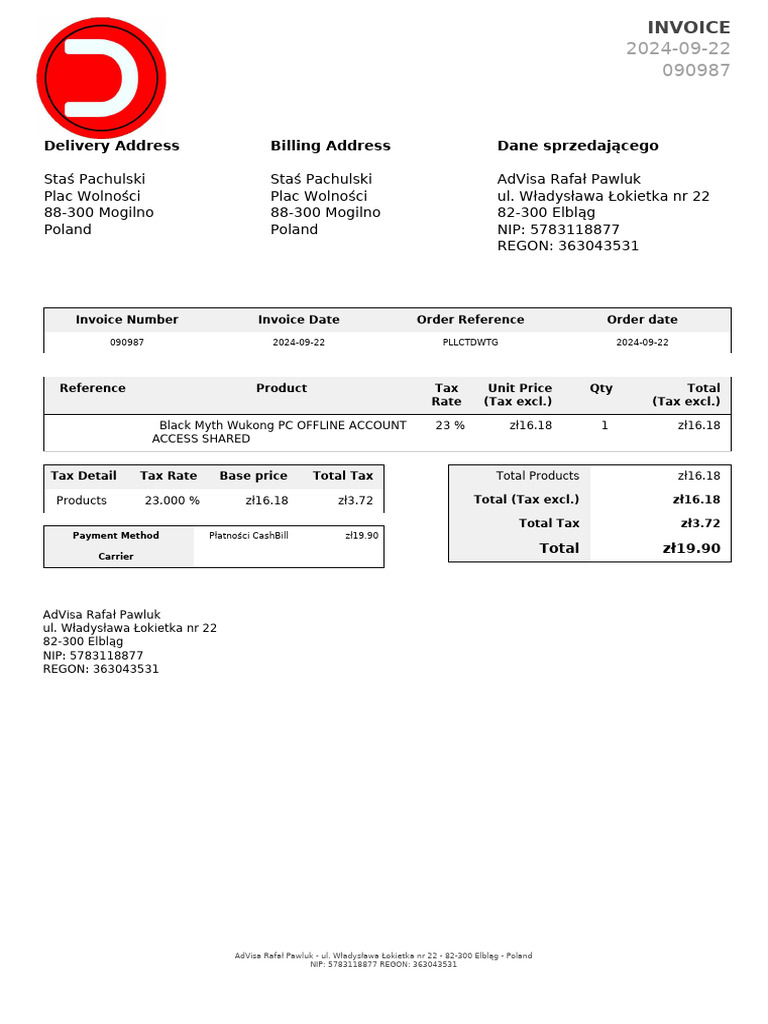 Delivery Address Billing Address Dane Sprzedającego | PDF