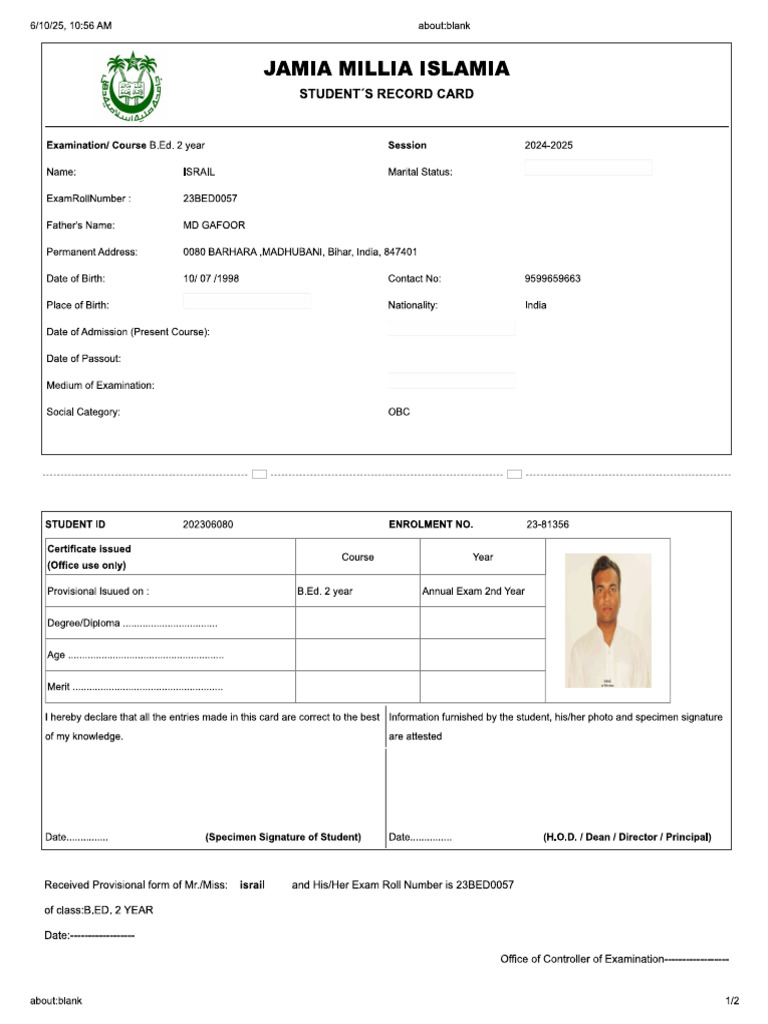 Provisional Jmi B.ed - 083832 | PDF