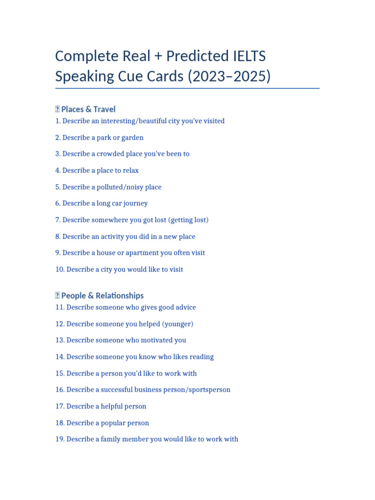 IELTS Speaking Cue Cards 2023-2025 | PDF