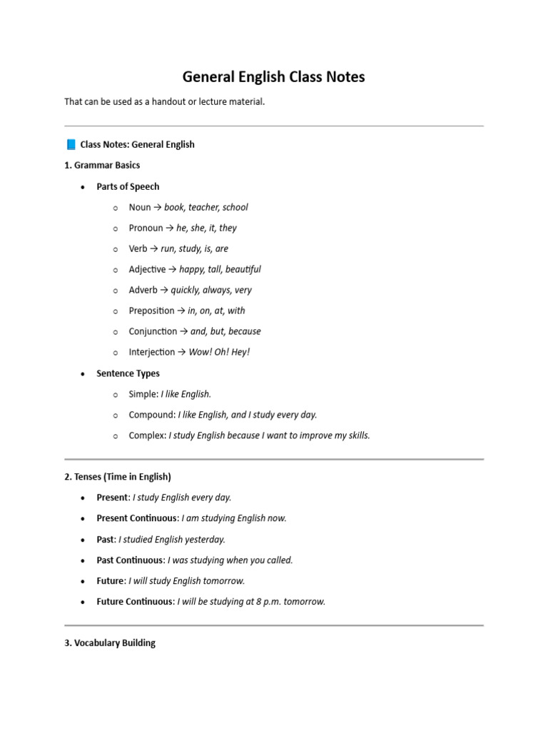 Essential General English Class Notes | PDF