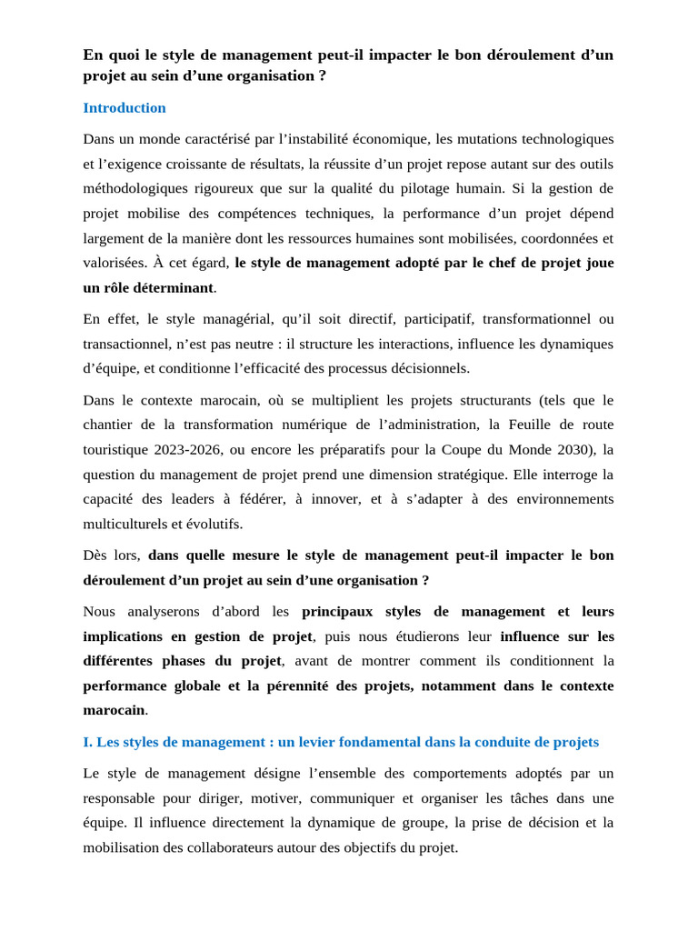 Impact du management sur les projets au Maroc | PDF | Gestion de projet ...