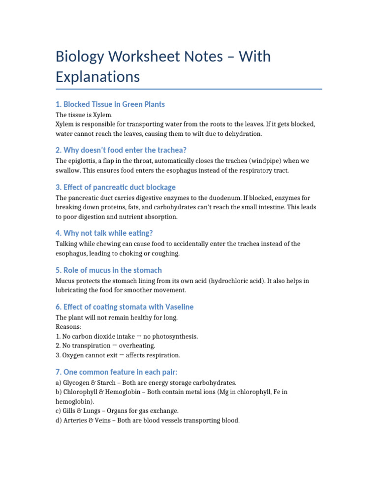 Biology Worksheet Notes With Explanations (Life Processors Class 10th ...