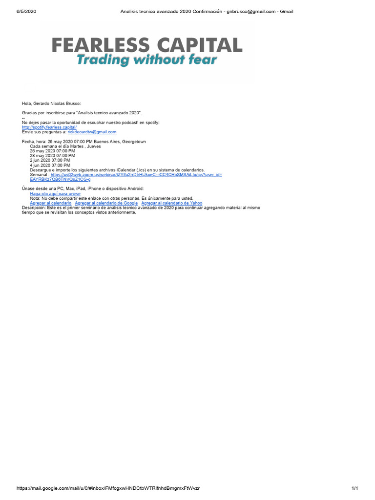 Analisis Tecnico Avanzado 2020 Confirmación - Gnbrusco@Gmail - Com06!05!20 - Gmail | PDF