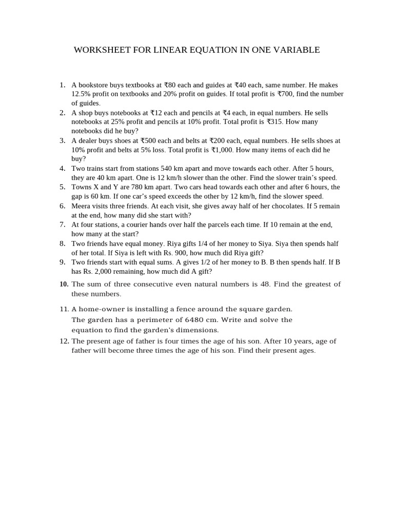 Worksheet For Linear Equation in One Variable | PDF