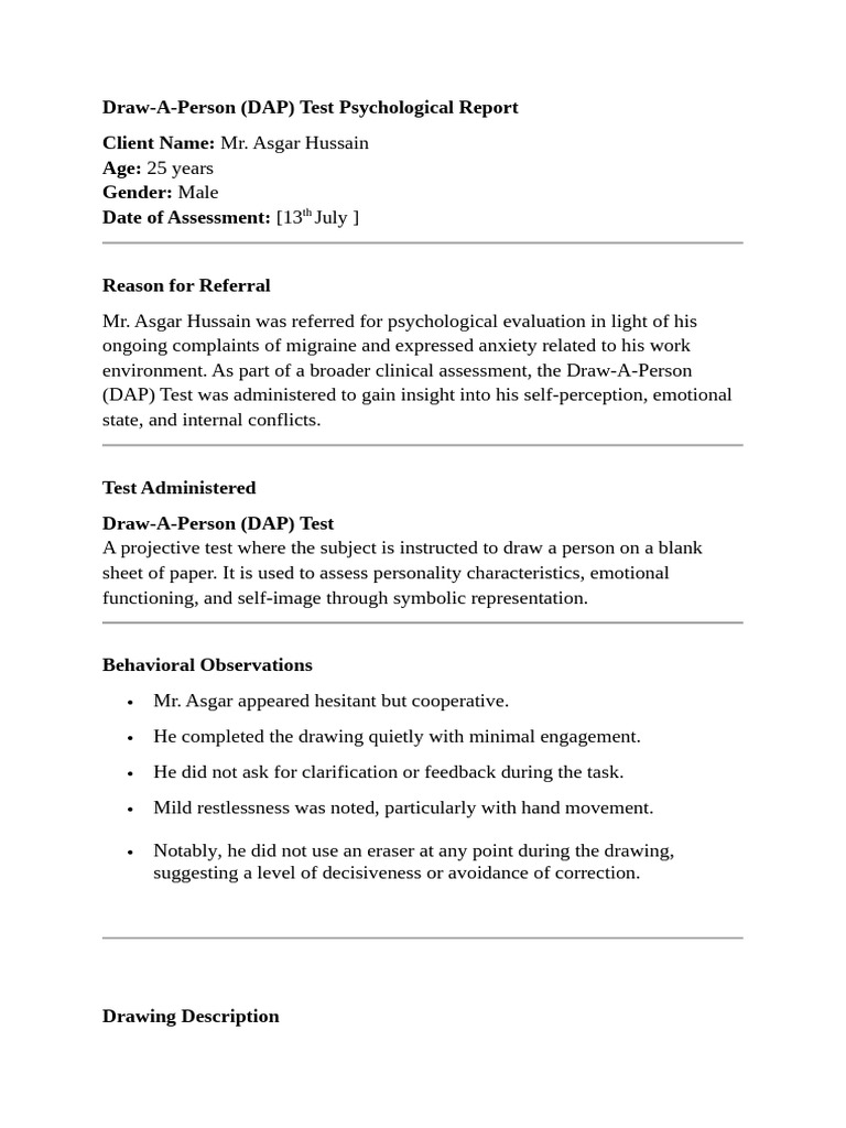 DAP Test Report: Mr. Asgar Hussain | PDF | Anxiety | Stress (Biology)