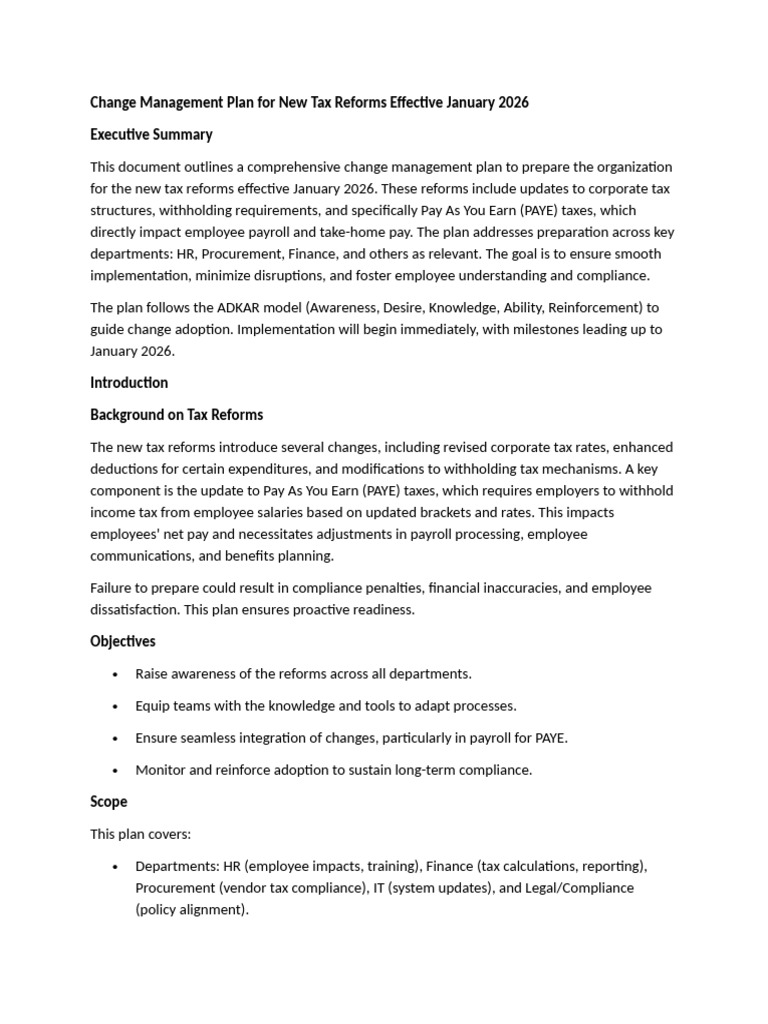 Change Management Plan For New Tax Reforms Effective January 2026 | PDF ...