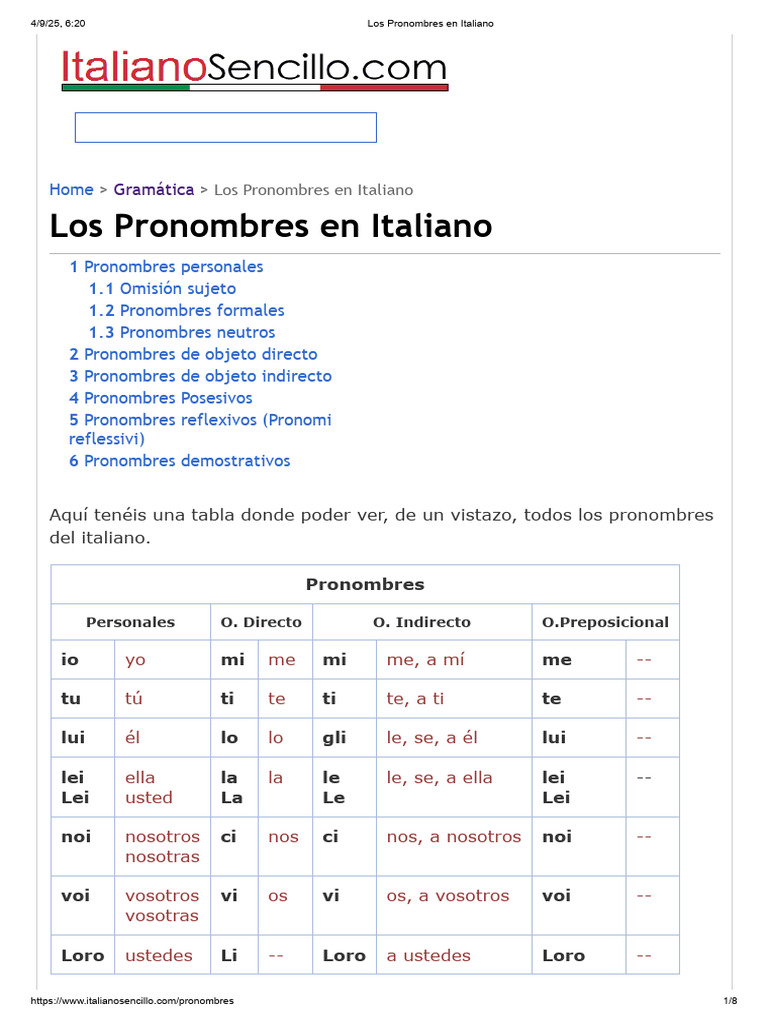 Pronombres Personales en Italiano | PDF | Pronombre | Sintaxis