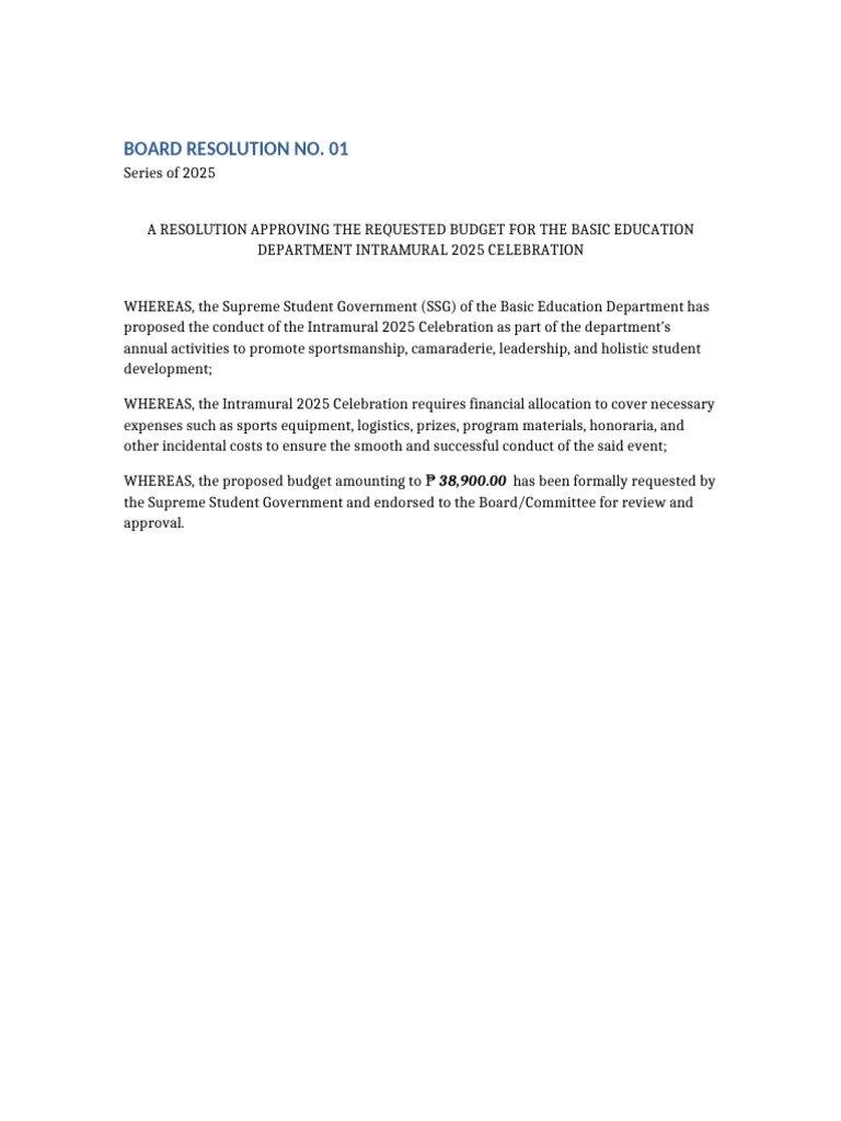 Board Resolution BED Intramural 2025 Budget | PDF