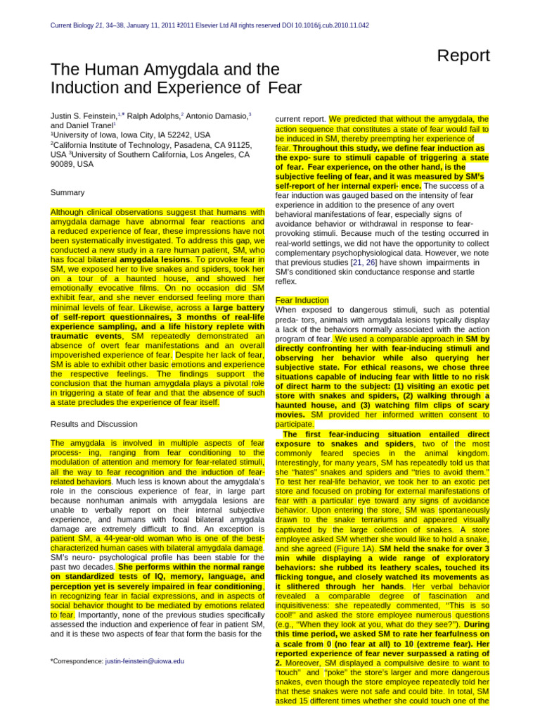 Fear Induction in Patient SM | PDF | Fear | Amygdala